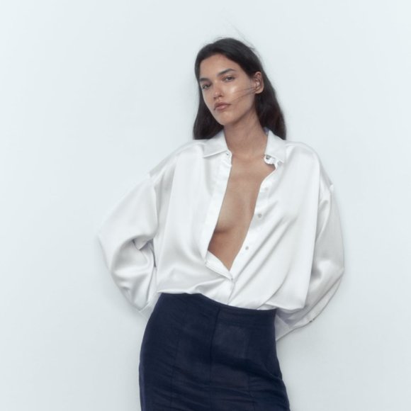 Zara | Tops | Zara White Satin Effect Button Down Shirt | Poshmark